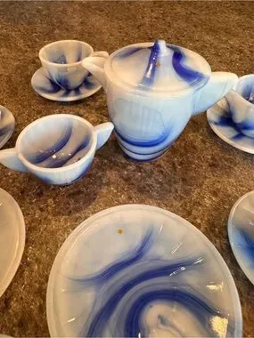Accessories | Vintage Glass Childs Tea Set Milk And Blue Artisan Glass ...